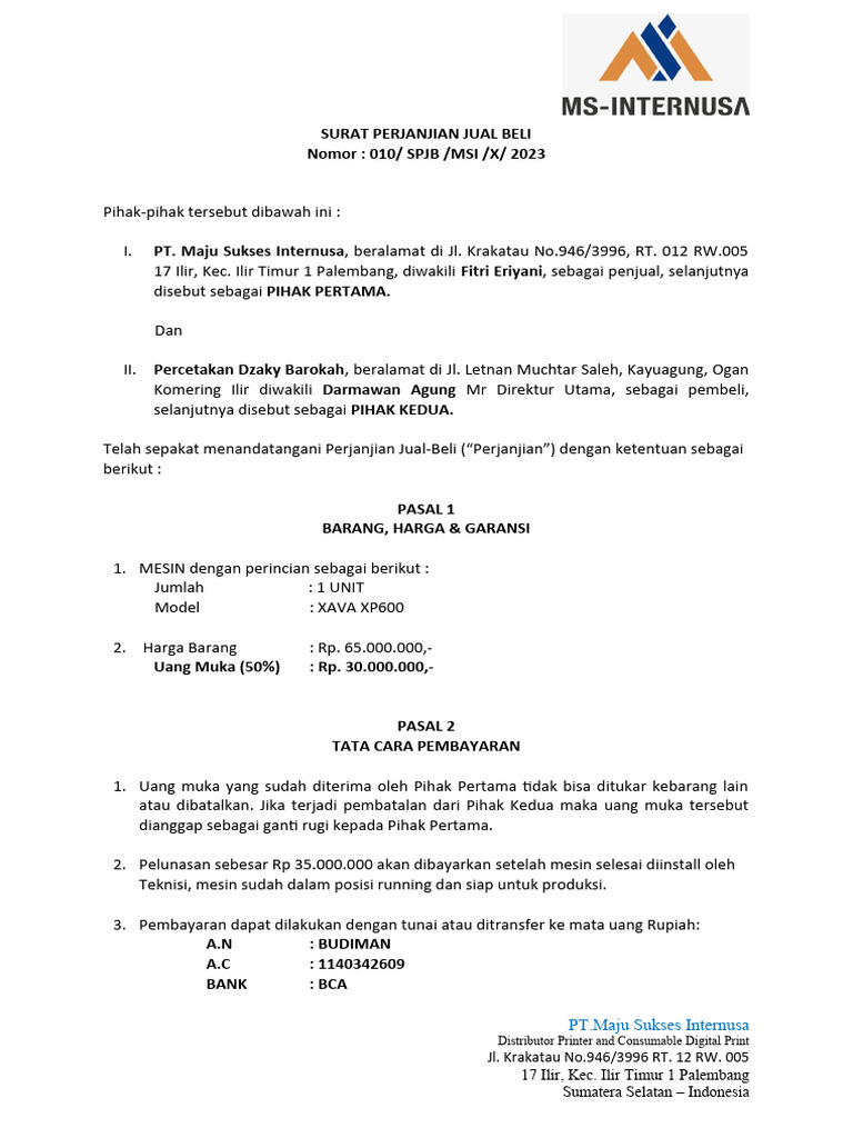 Surat Perjanjian Jual Beli Mesin Xava (Dzaky Barokah) | PDF