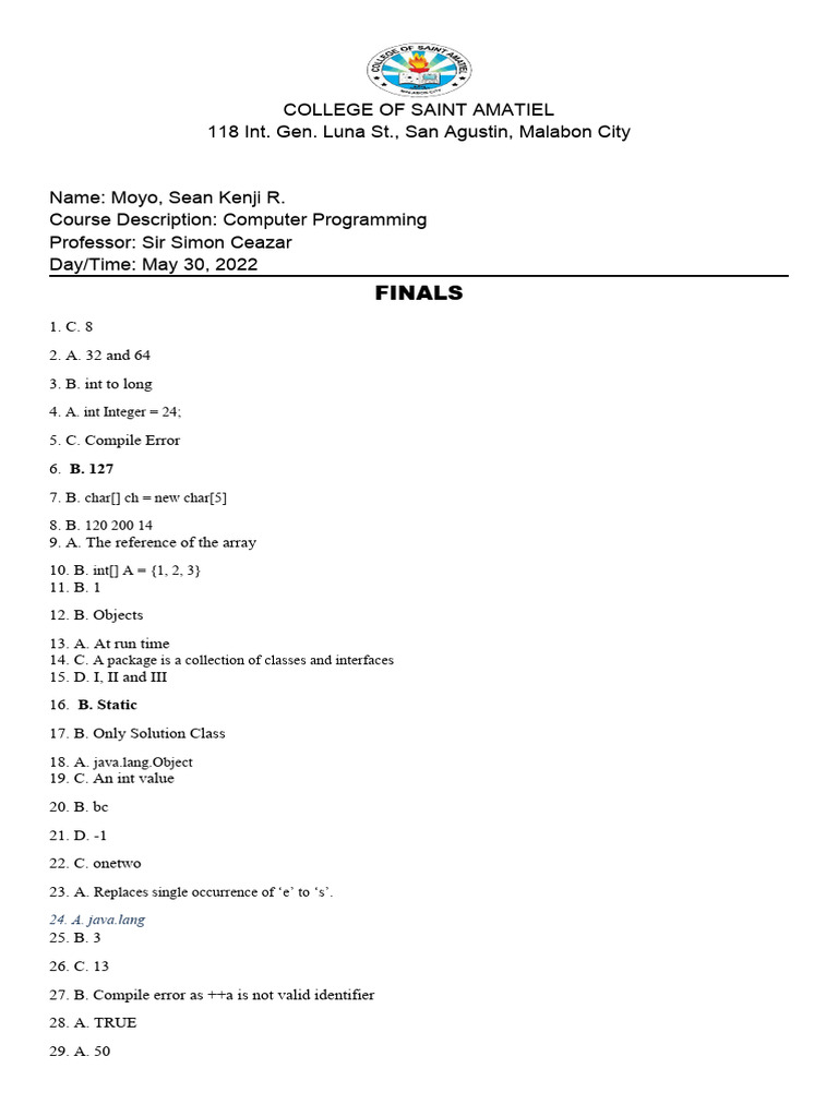Sean Kenji R. Moyo - Dit - Final Examination in Computer Programming . | PDF