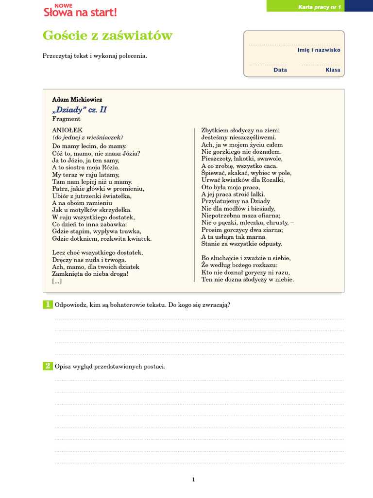 Dziady CZ II Lektura Obowiazkowa Karta Pracy 1 | PDF