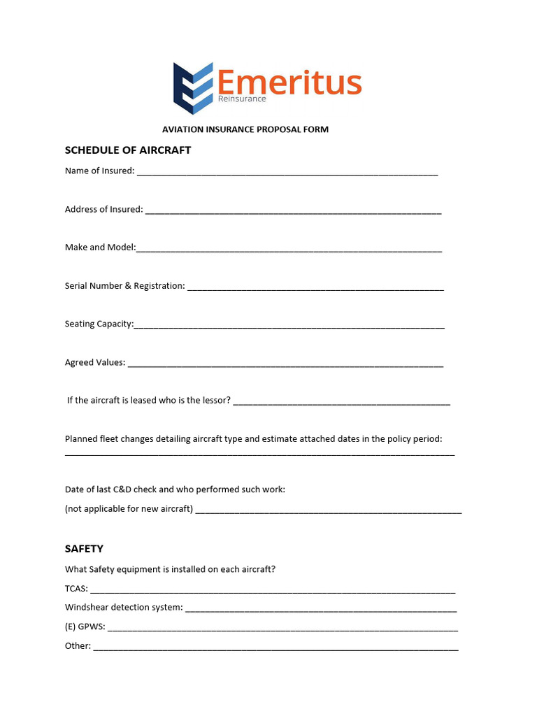 Aviation Insurance Proposal Form | PDF | Airlines | Insurance