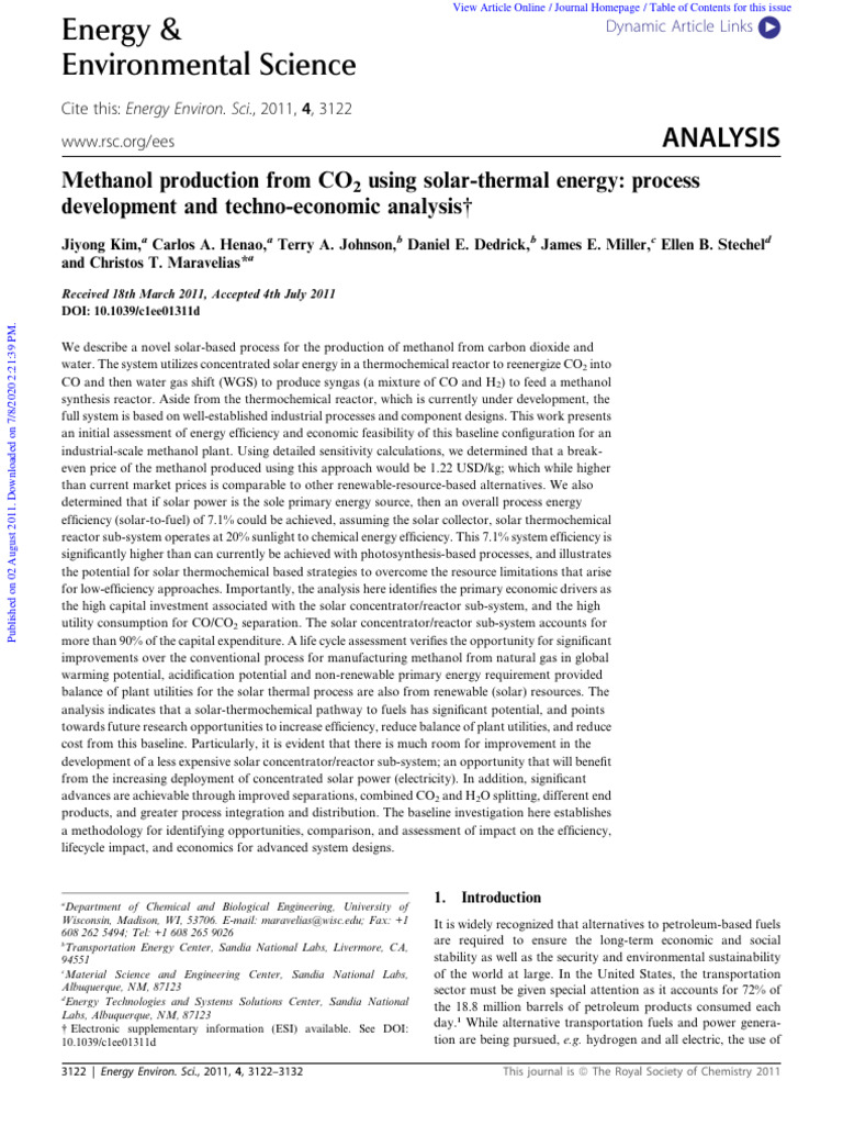 Methanol Production From CO Using Solar-Thermal Energy: Process ...