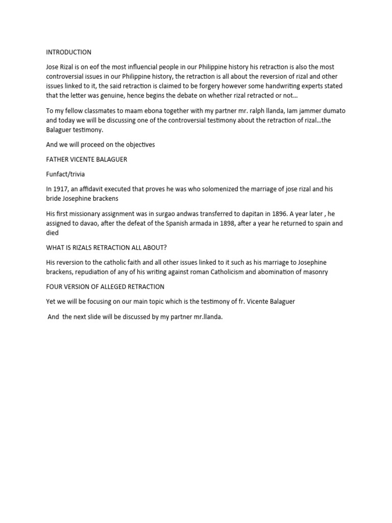 Balaguer's Testimony on Rizal's Retraction | PDF | History