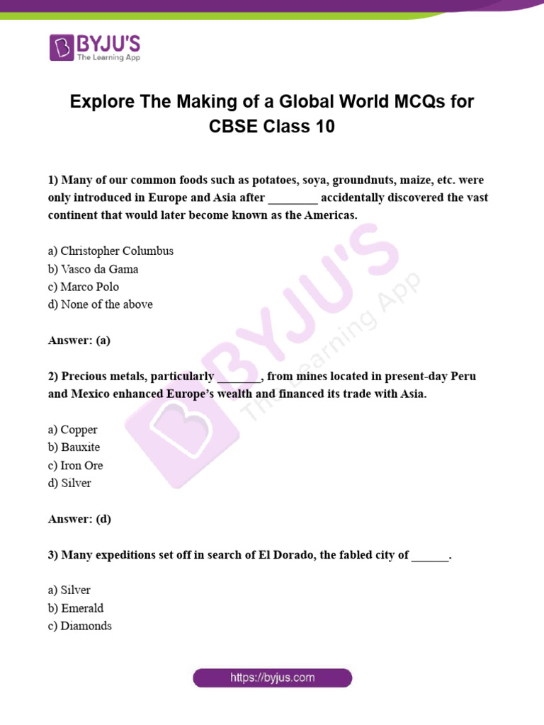 Global World MCQs for Class 10 | PDF | Trade | Americas