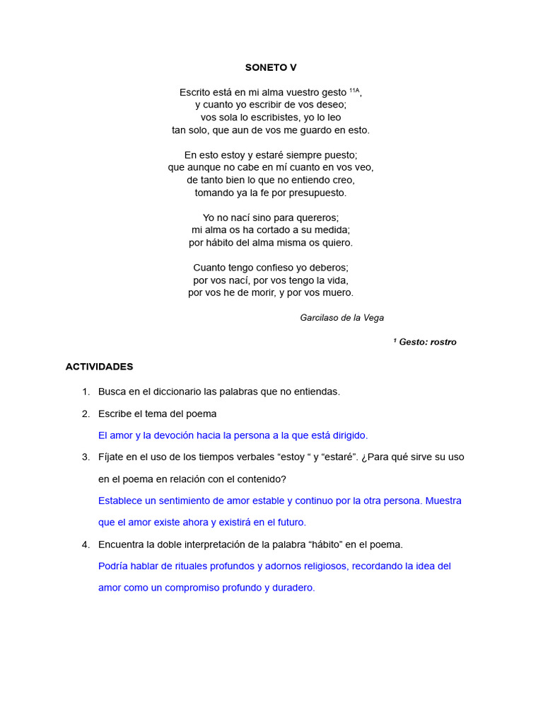 Actividades Soneto V de Garcilaso de La Vega | PDF