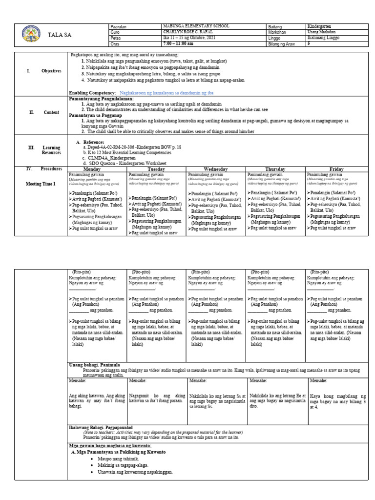 Lesson Exemplar KG-Week 5 | PDF