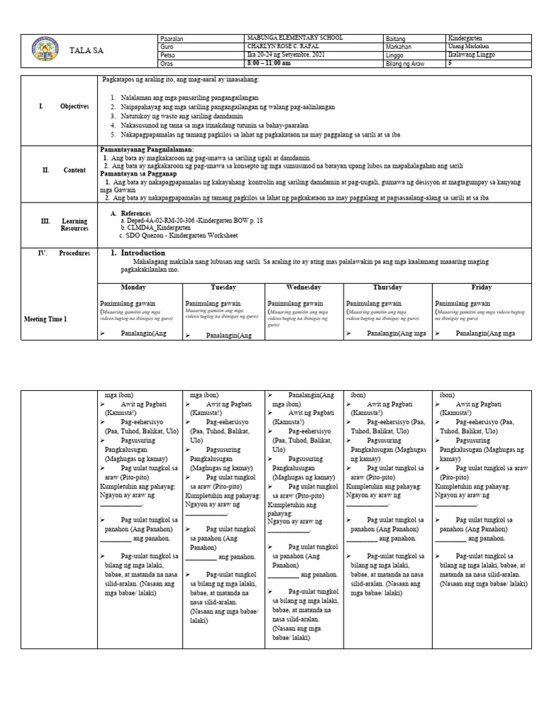 Lesson Exemplar KG-Week 2 | PDF