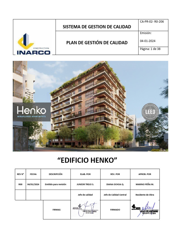 CA-FO-02-R0-206 PLAN DE CALIDAD - EDIFICIO HENKO - REV.0 | PDF | Calidad (comercial) | Calibración