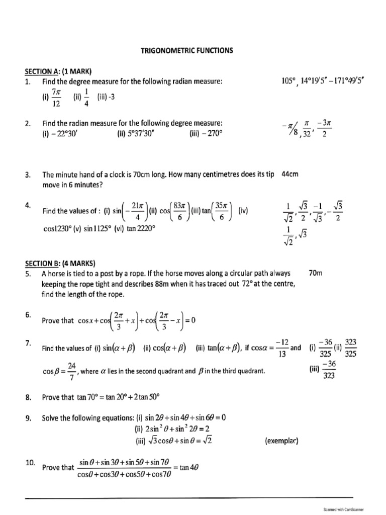 CBSE Class 11 Mathematics Worksheet - Trigonometric Functions | PDF
