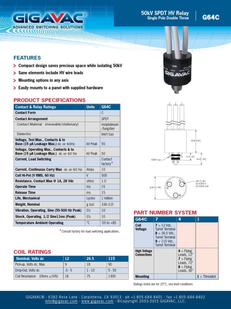 GIGAVAC G64C HV Relay | PDF | Relay | Switch