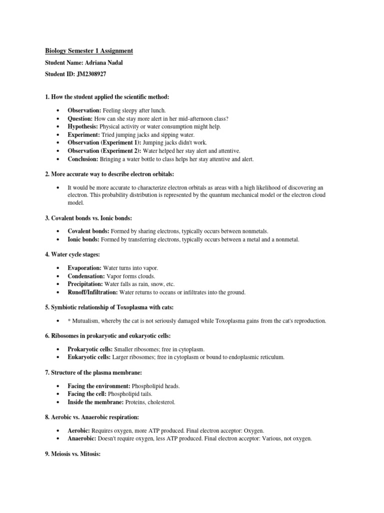 Biology Semester 1 Assignment | PDF | Cell (Biology) | Point Mutation