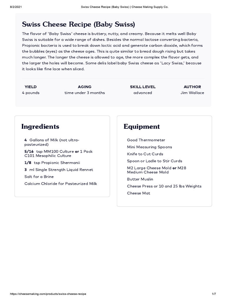 Swiss Cheese Recipe (Baby Swiss) - Cheese Making Supply Co | PDF ...