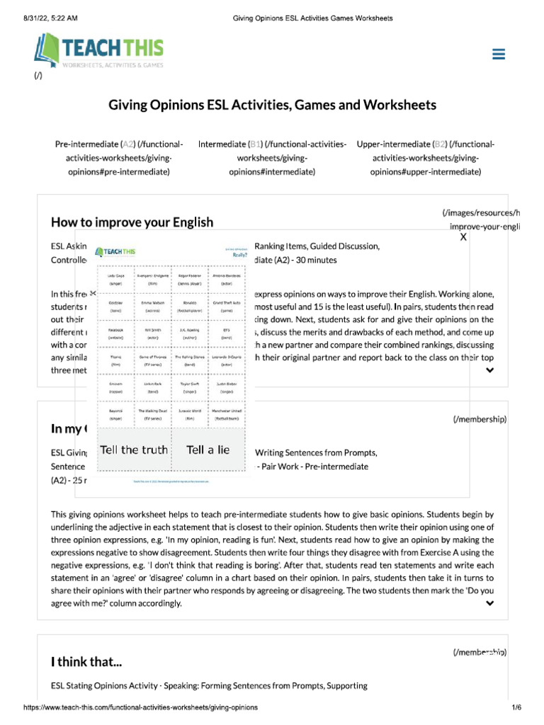 Giving Opinions ESL Activities Games Worksheets | PDF