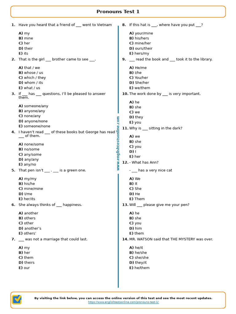 1370 - Pronouns Test 1 | PDF