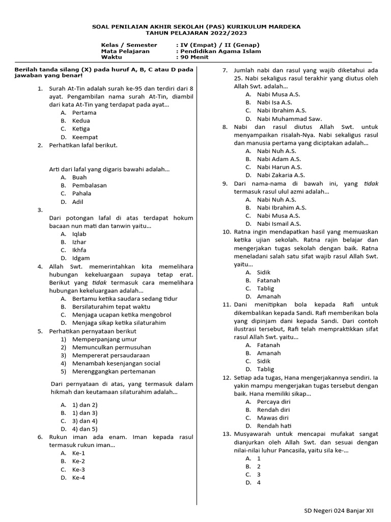 FORMAT SOAL UJIAN PAI KLS LV GENAP | PDF