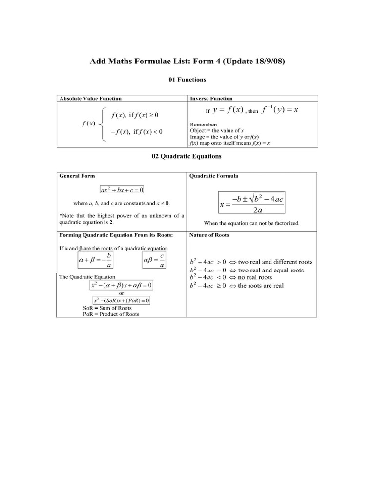 Addmath Form 4 Formula | PDF