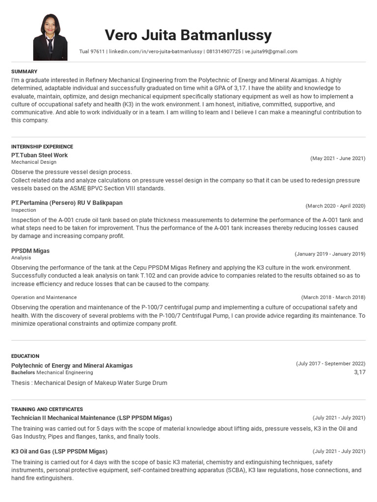 Curriculum Vitae - Vero Juita Batmanlussy | PDF | Mechanical ...