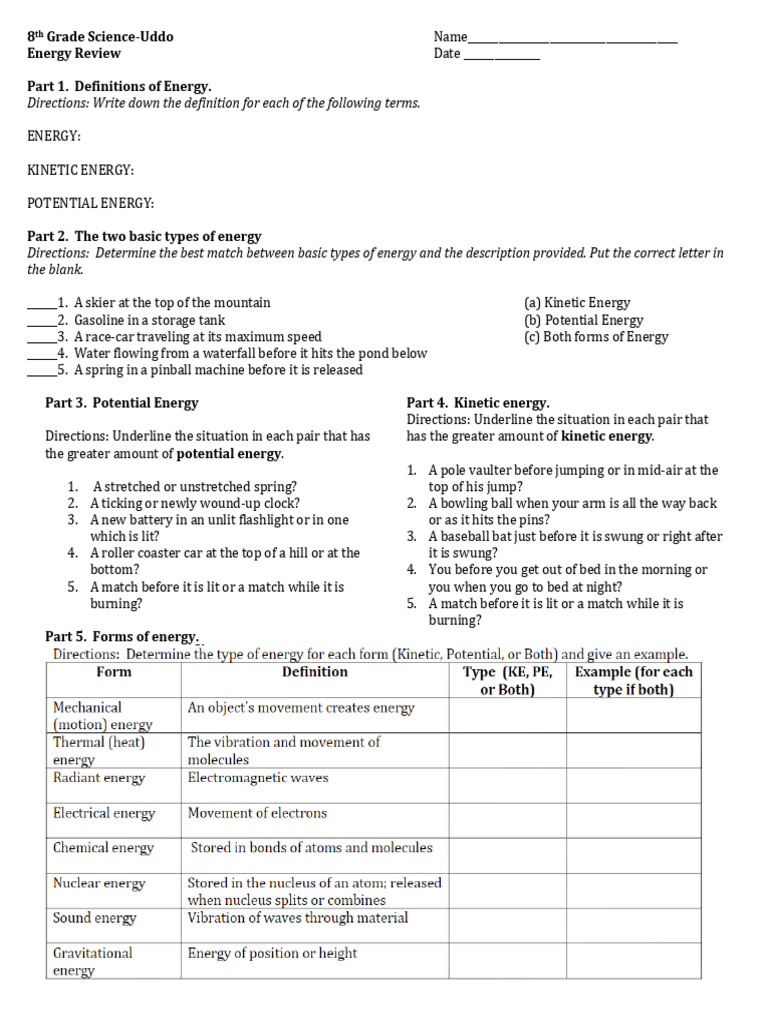 Energy Review Worksheet | PDF | Physical Quantities | Nature