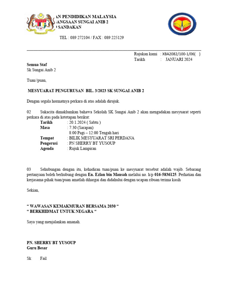 Surat Jemputan Mesyuarat Pengurusan | PDF