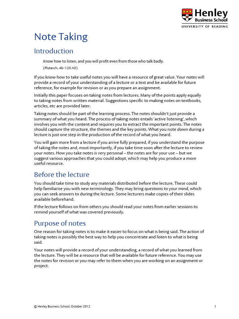 Note Taking LA-NT-6A Oct2012 | PDF