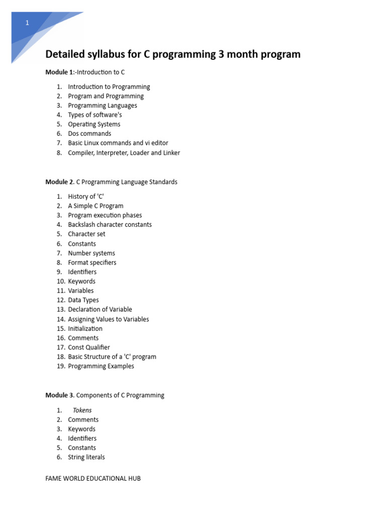 Detailed Syllabus For C Programming 3 Month Program Pdf Pointer Computer Programming