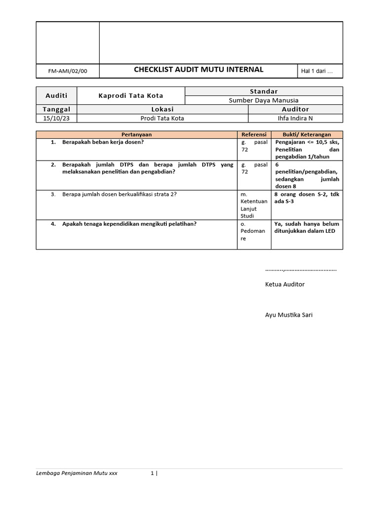 Checklist Audit AMI | PDF