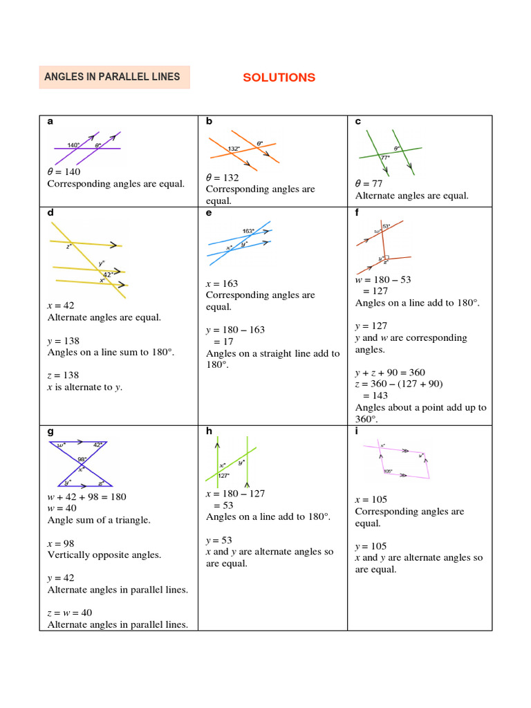 Angles in Parallel Lines SOLUTIONS | PDF | Angle | Triangle