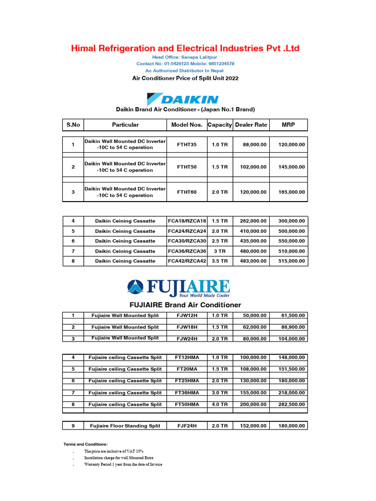 Split Rate PDF Air Conditioning Ceiling