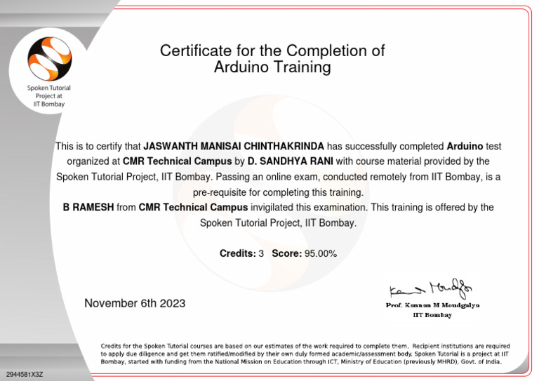Arduino Training Completion Certificate | PDF