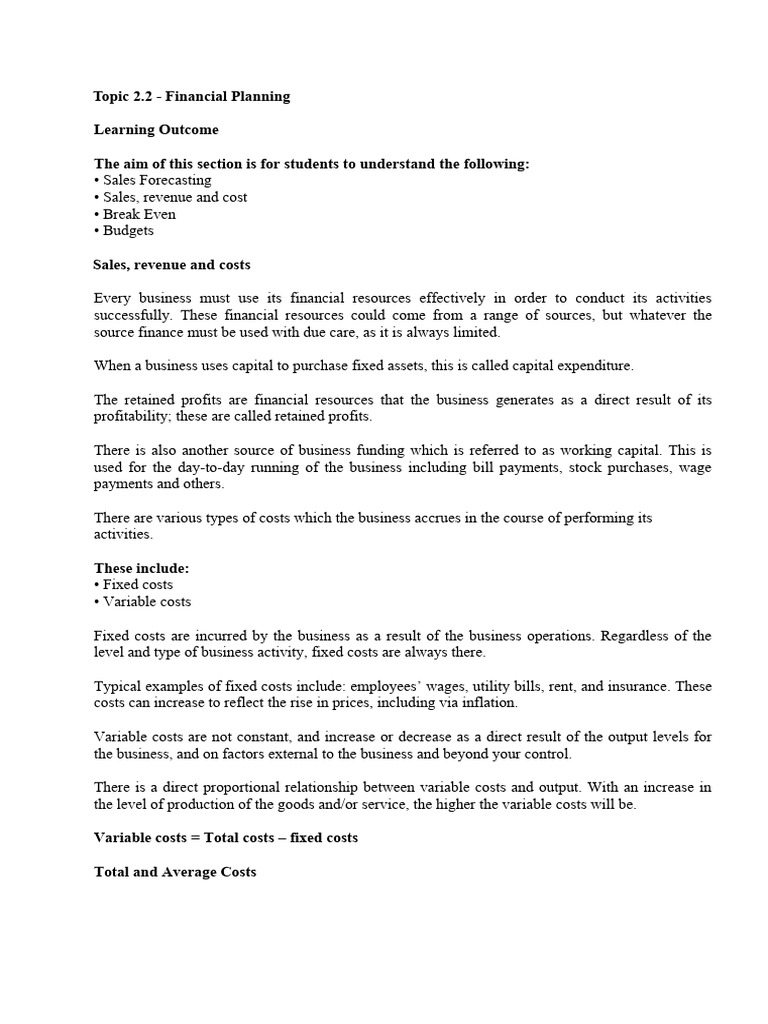 Topic 2.2 - Financial Planning Learning Outcome The Aim of This Section ...