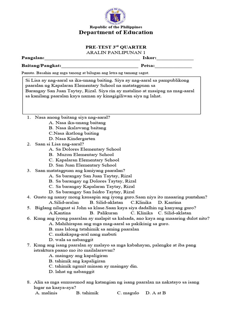 Q3 Pretest in AP 1 TAGALOG With TOS | PDF