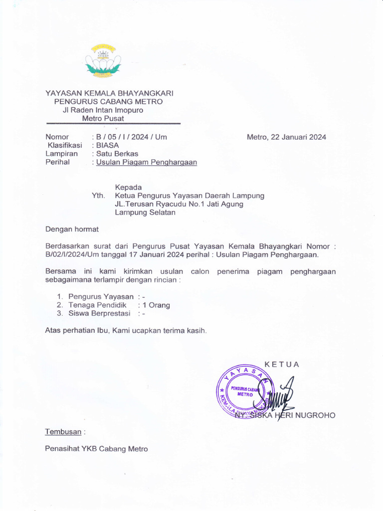 Pengajuan Penghargaan TK KB Metro | PDF