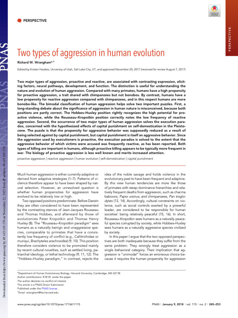 Wrangham 2017 Two Types of Aggression in Human Evolution | PDF ...