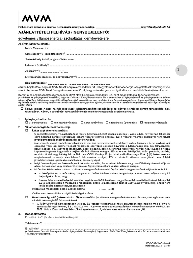 KSG-ESZ-NY-01!04!04 Igenybejelento Villamosenergia-Vasarlasi Szerzodes Egyetemes Szolgaltatoval ...