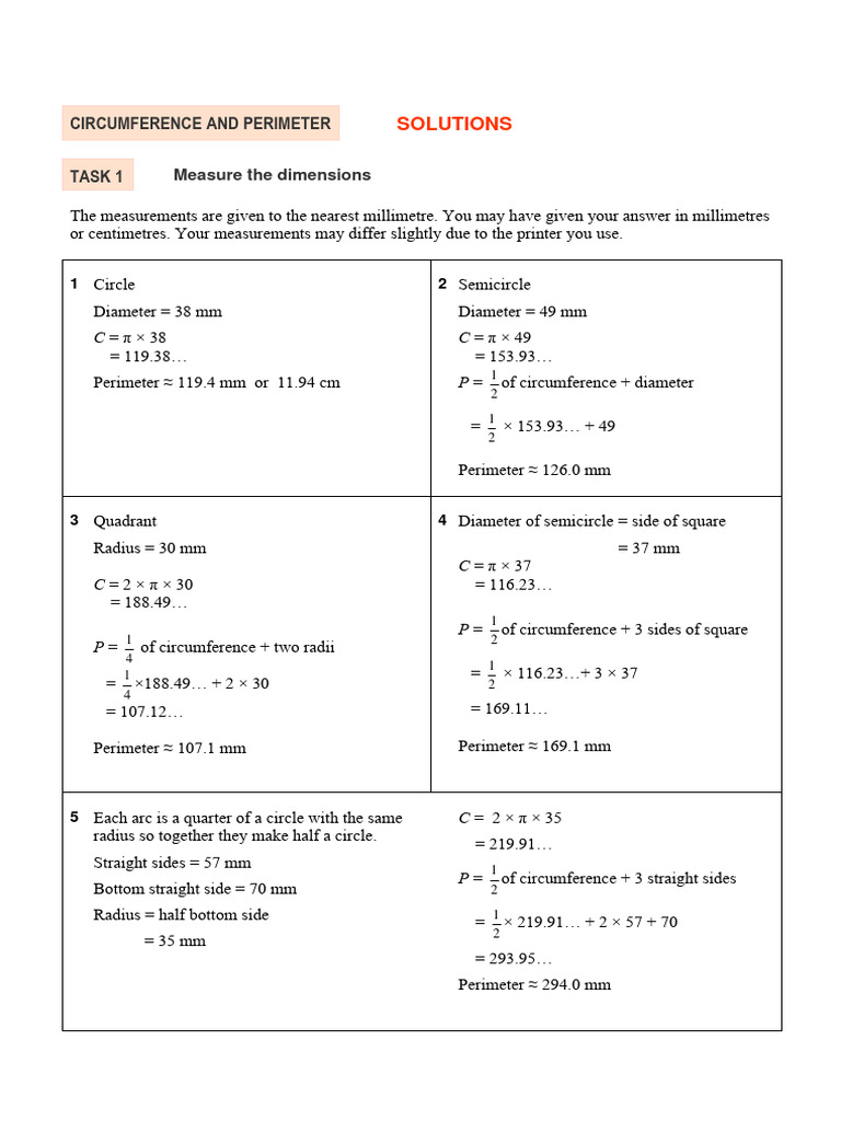 Circumference and Perimeter SOLUTIONS | PDF | Circle | Radius