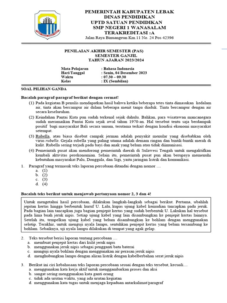 Soal Pas Do Kls 9 Tp 2023 2024 Pdf
