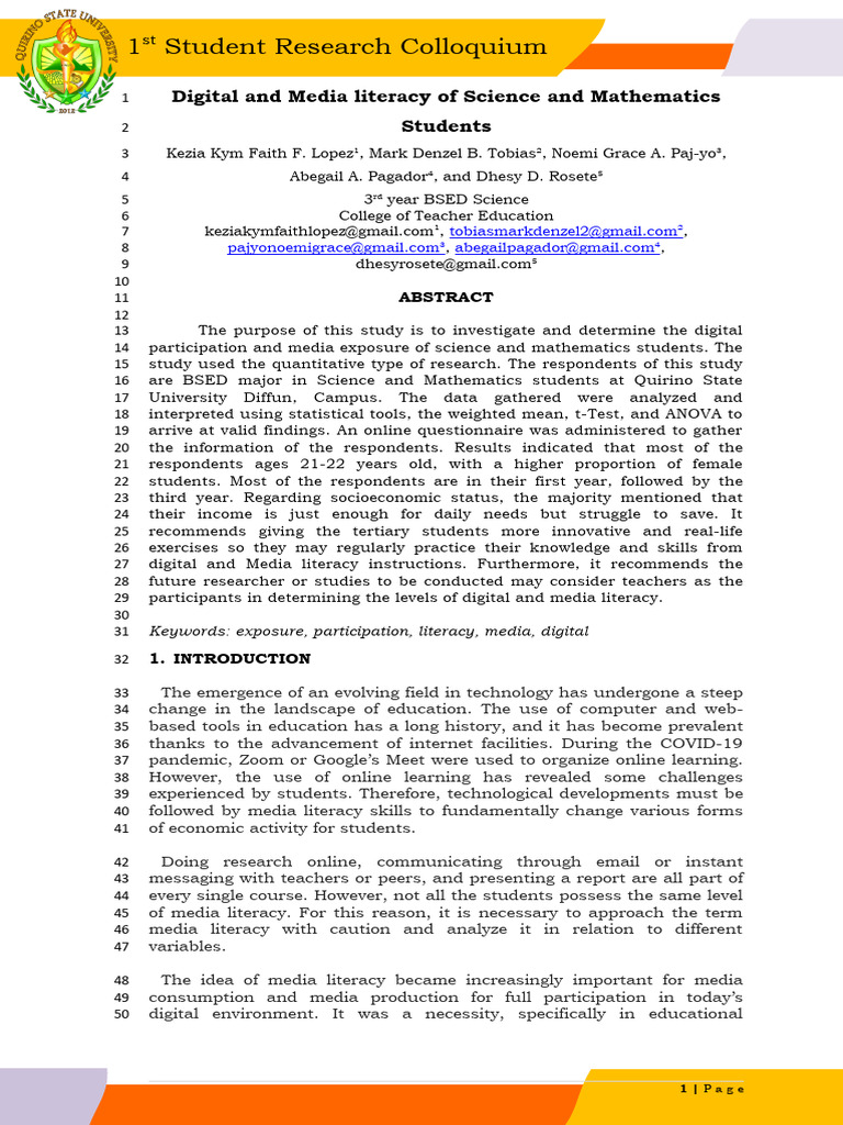 Digital and Media Literacy of Science and Mathematics Students | PDF ...