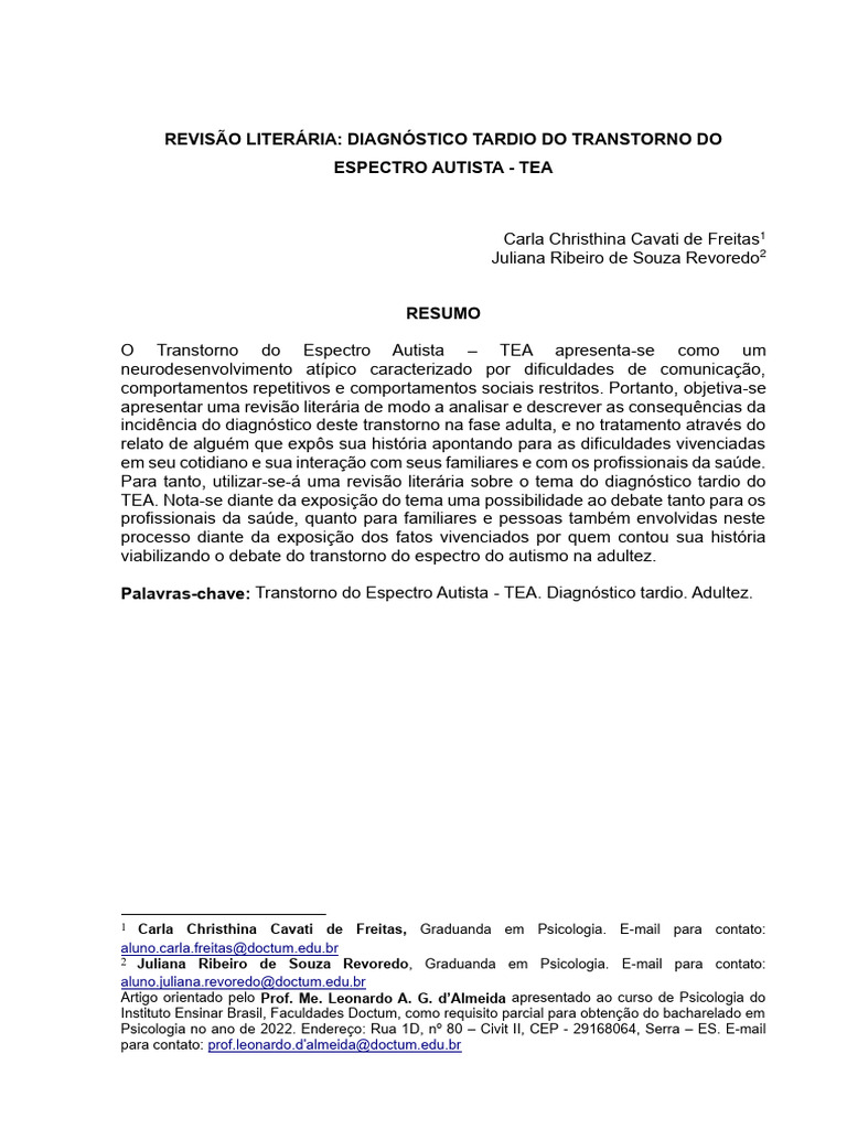 Diagnóstico Tardio do TEA na Adultez | PDF | Espectro do autismo ...