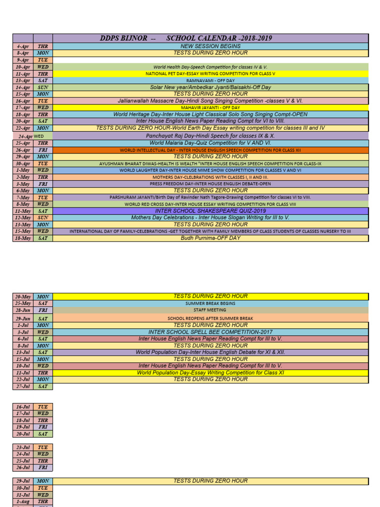 School Calander Temp 2018-2019 | PDF | Microsoft Excel