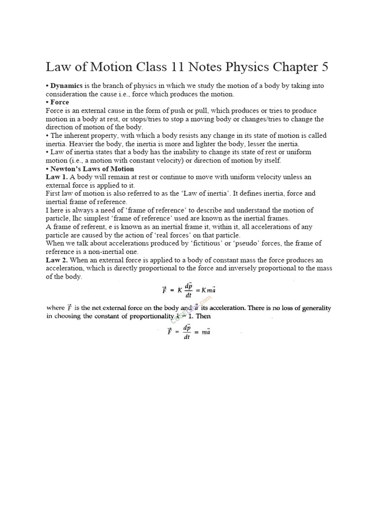 Class 11 Law of Motion Notes | PDF | Force | Friction