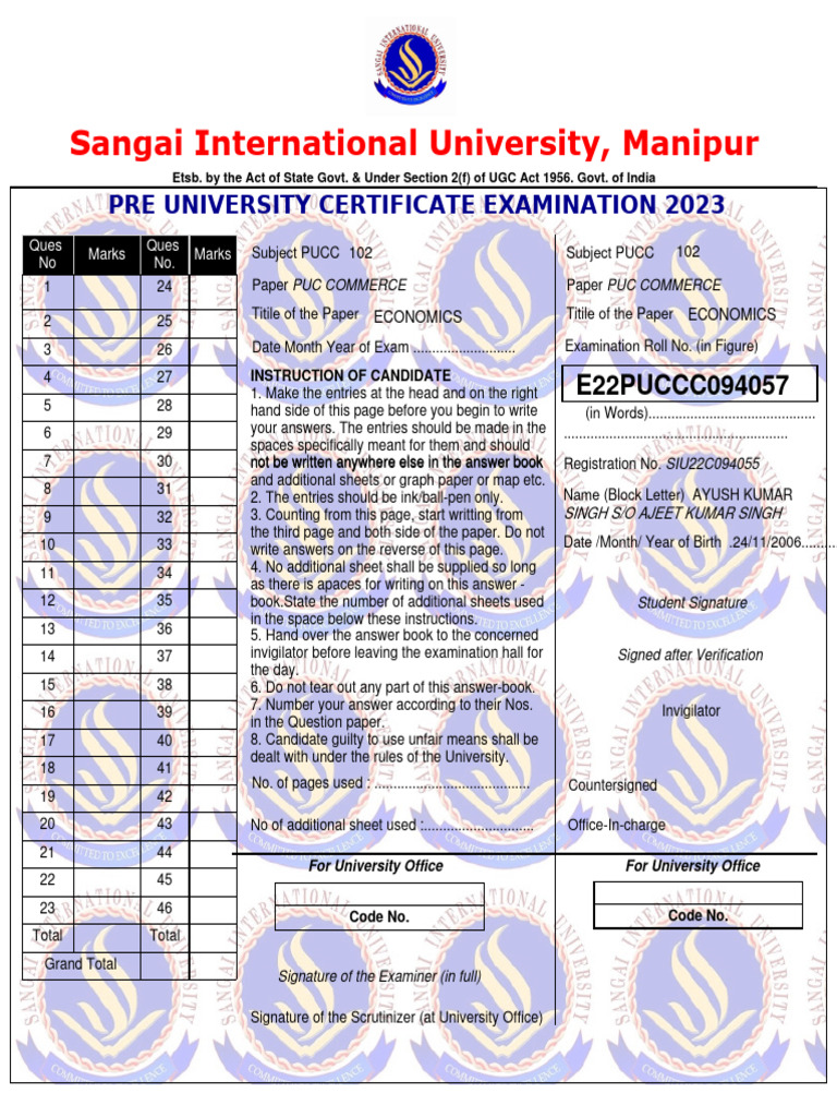 Pre University Certificate Examination 2023 | PDF