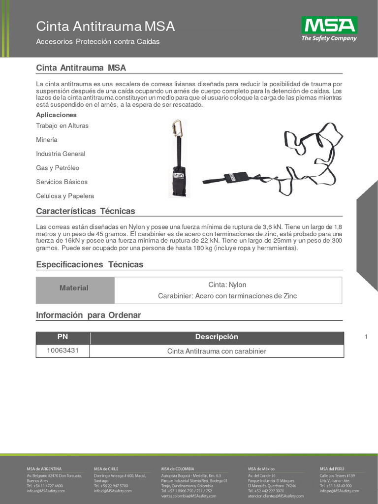 Cinta Antitrauma MSA: Protección Caídas | PDF