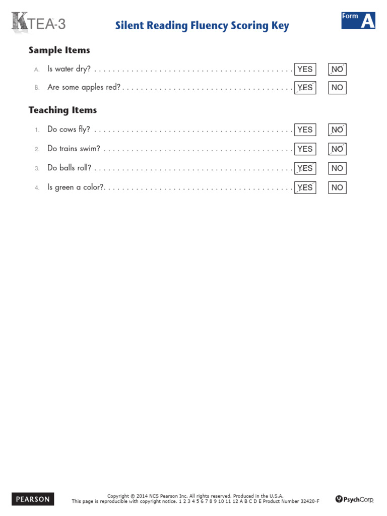 Silent Read Fluency SCORING KEY Form A | PDF | All Rights Reserved