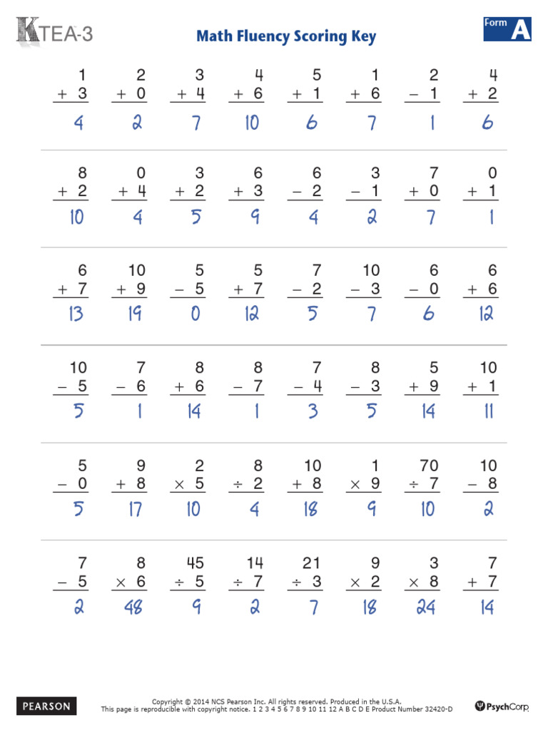 Math Fluency SCORING KEY Form A | PDF | Document | Data Management
