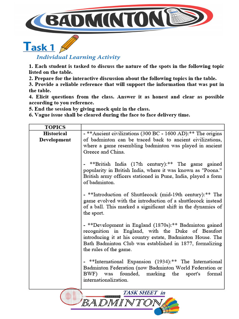 Badminton Task 1 | PDF