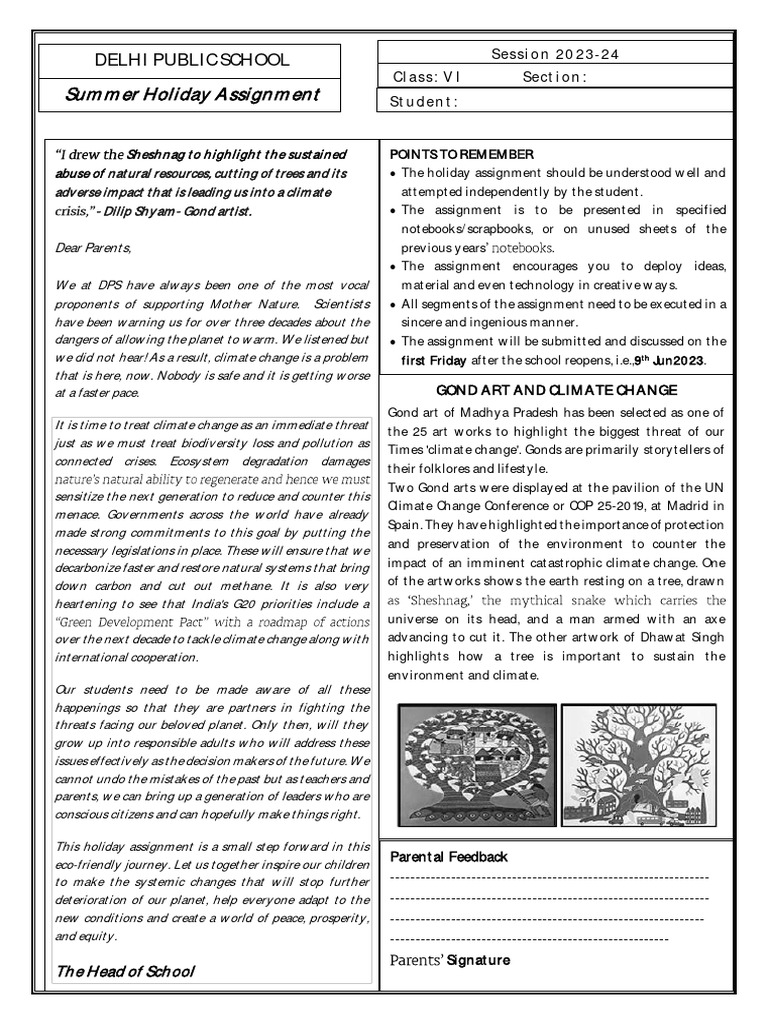Summer Holiday Assignment Class VI 202324 | PDF | Climate Change | Nature