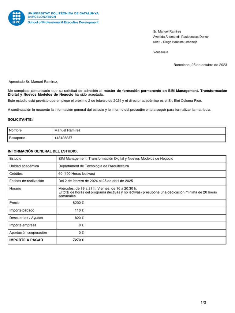 Carta Aceptación UPC | PDF