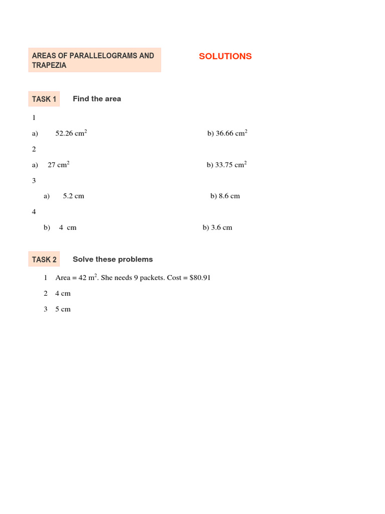 Areas of Parallelograms and Trapezia SOLUTIONS | PDF | Teaching Methods ...