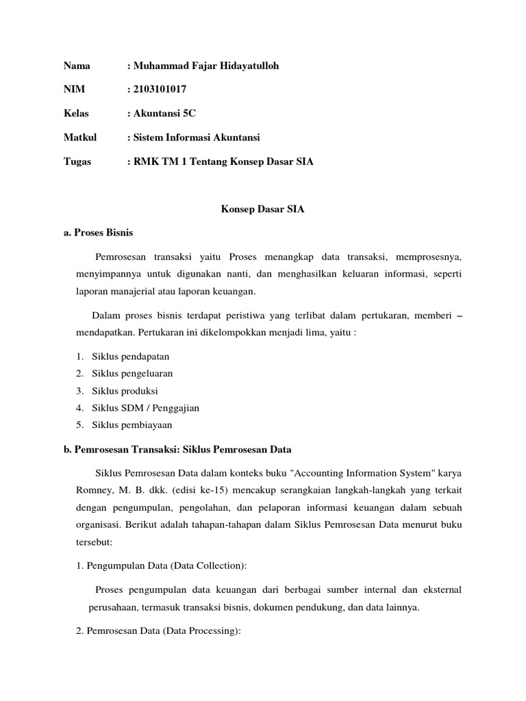 Muhammad Fajar Hidayatulloh - Akuntansi 5C - RMK TM 1 Tentang Konsep Dasar SIA | PDF