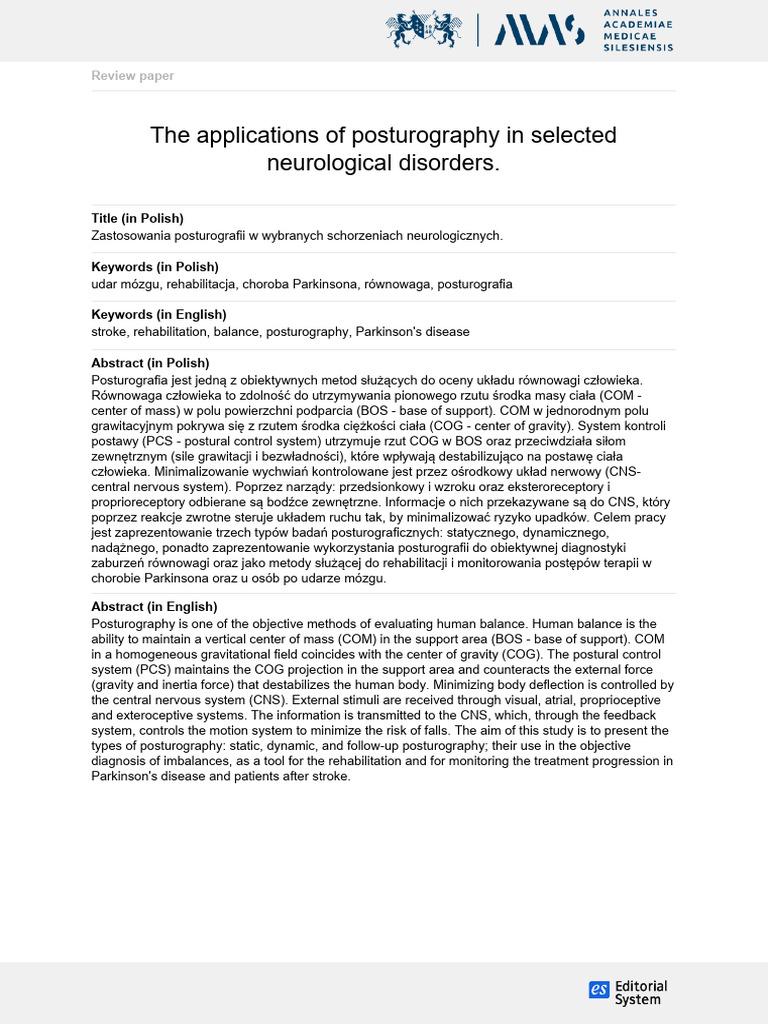 The Applications of Posturography in Selected Neurological Disorders | PDF