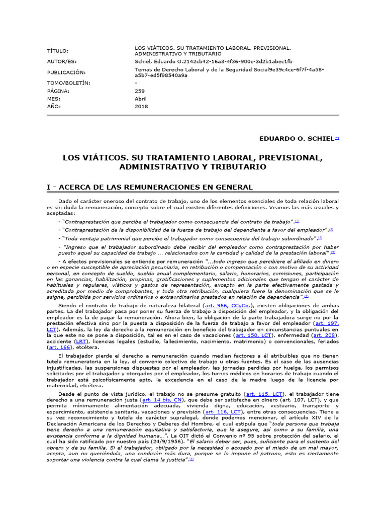 Viáticos. Su Tratamiento Laboral, Previsional, Administrativo y Tributario | PDF | Salario ...